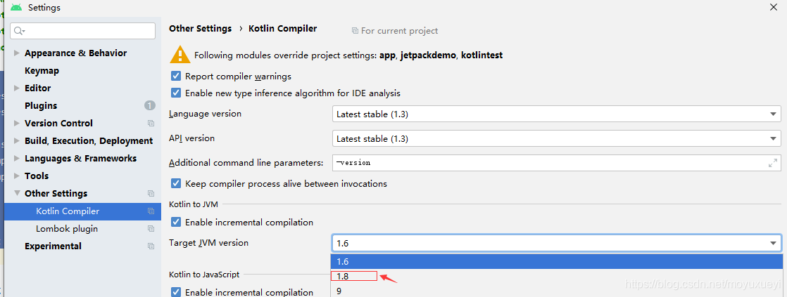 Cannot inline bytecode built with JVM target 1.8 into bytecode that is being built with JVM ...