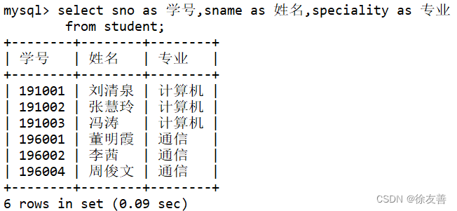 数据查询（1）-----------基于学生信息数据库stusys_查询teaching数据库student表中学生学号和学生姓名,结果中各列的标题分别指定为st-CSDN博客