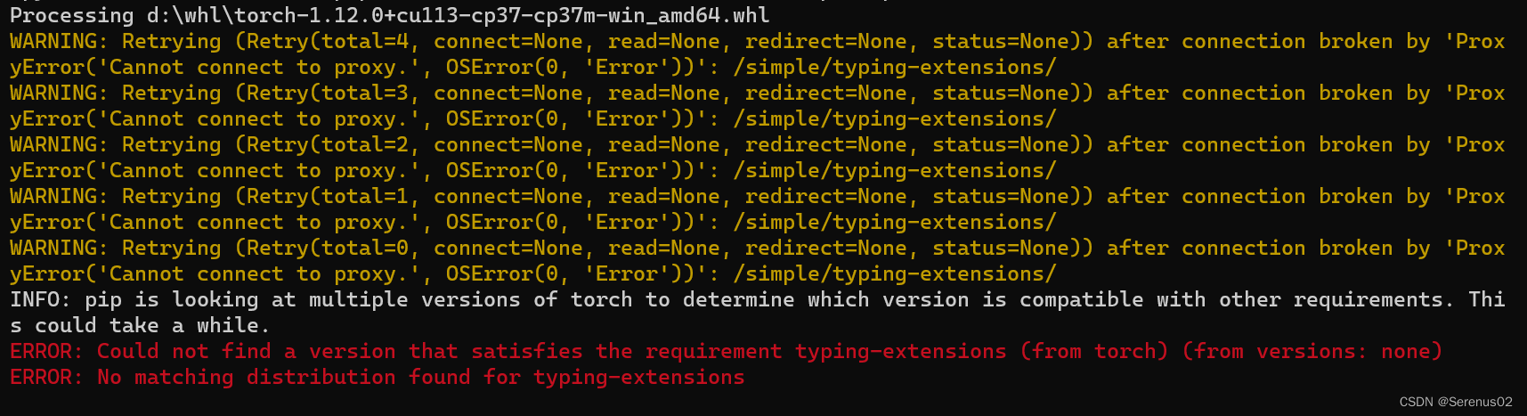 ERROR: Could not find a version that satisfies the requirement typing-extensions (from torch ...