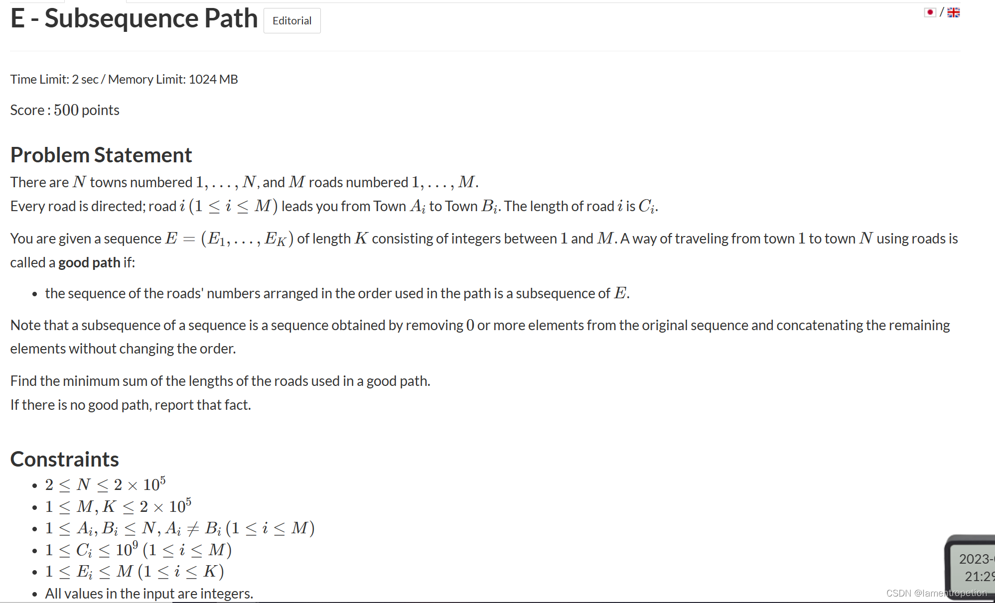 【DP】ABC271 E - Subsequence Path-CSDN博客