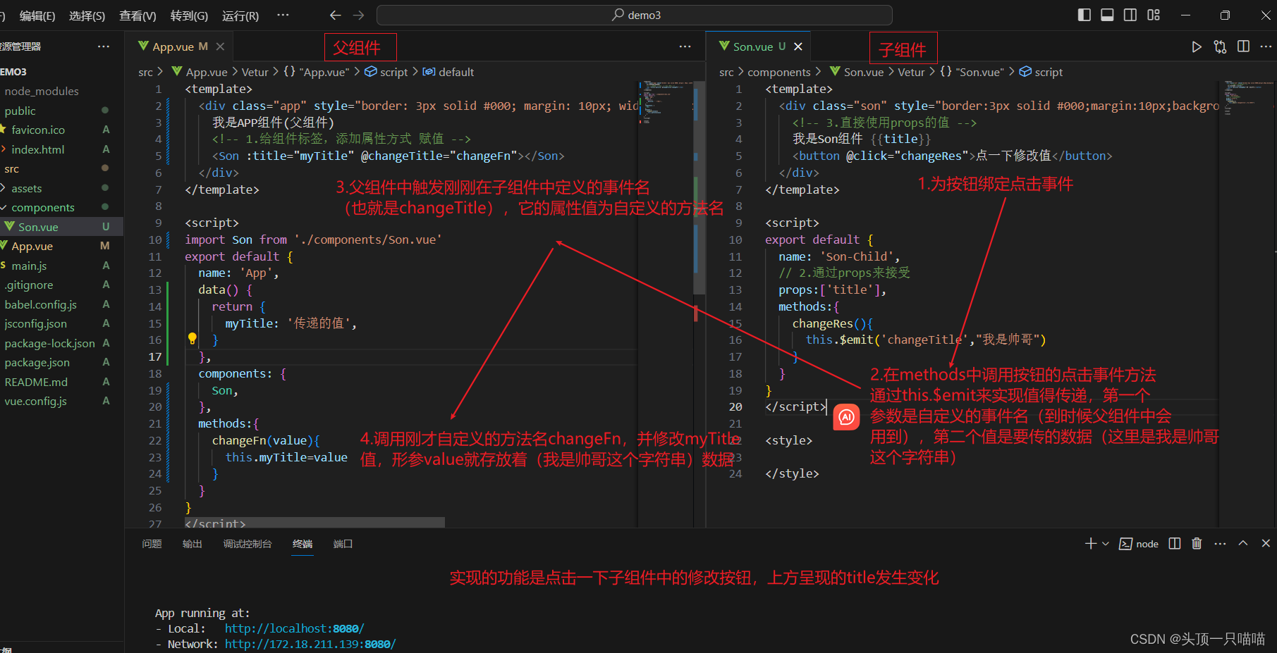 Vue基础知识：什么是组件通信？组件通信解决方案（父子关系）如何实现父子传值（props和emit），父传子演示（props）子传父演示（emit）vue中父子组件如何通信的 Csdn博客