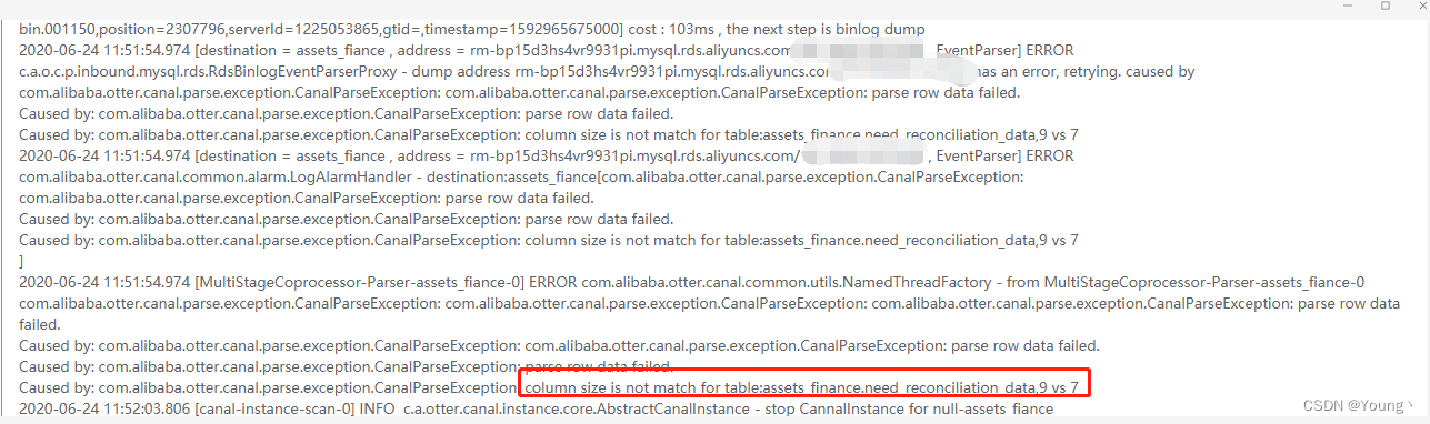 Canal实战 canal的坑 CanalParseException: column size is not match for table 错误_java_Young丶-GitCode 开源社区