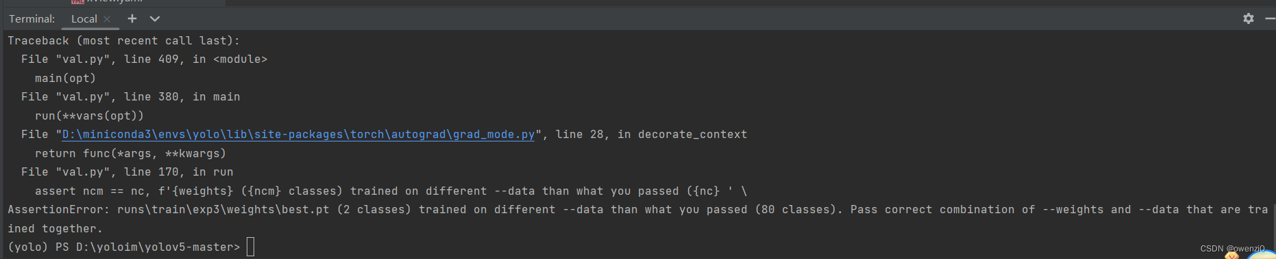 AssertionError: ..\..\best.pt (2 classes) trained on different --data ...