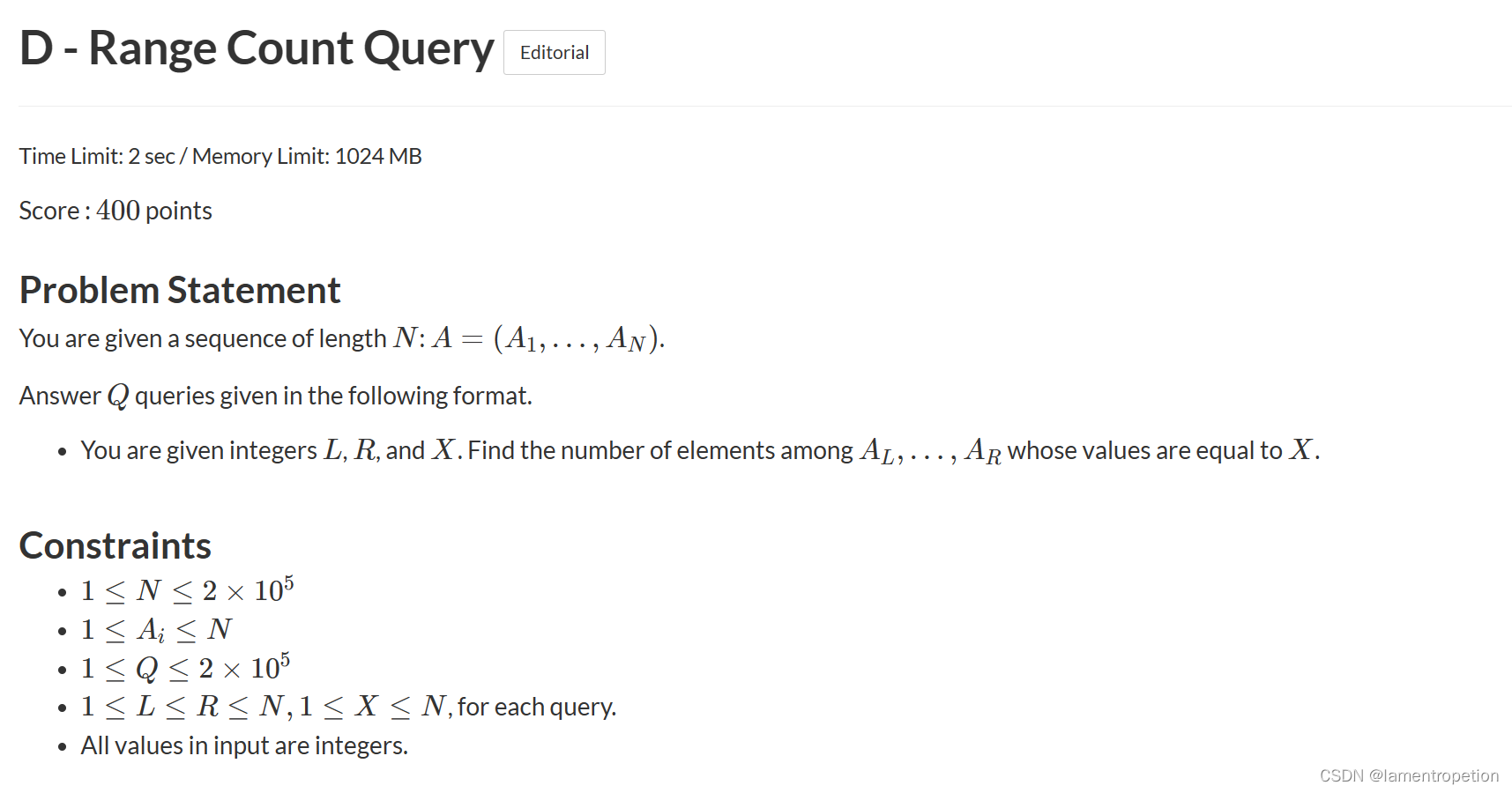 【哈希】ABC248 D - Range Count Query_[abc248d] range count query-CSDN博客