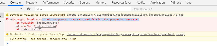 javascript - proxy - 异常： ‘set‘ on proxy: trap returned falsish for property ‘message‘_set' on ...