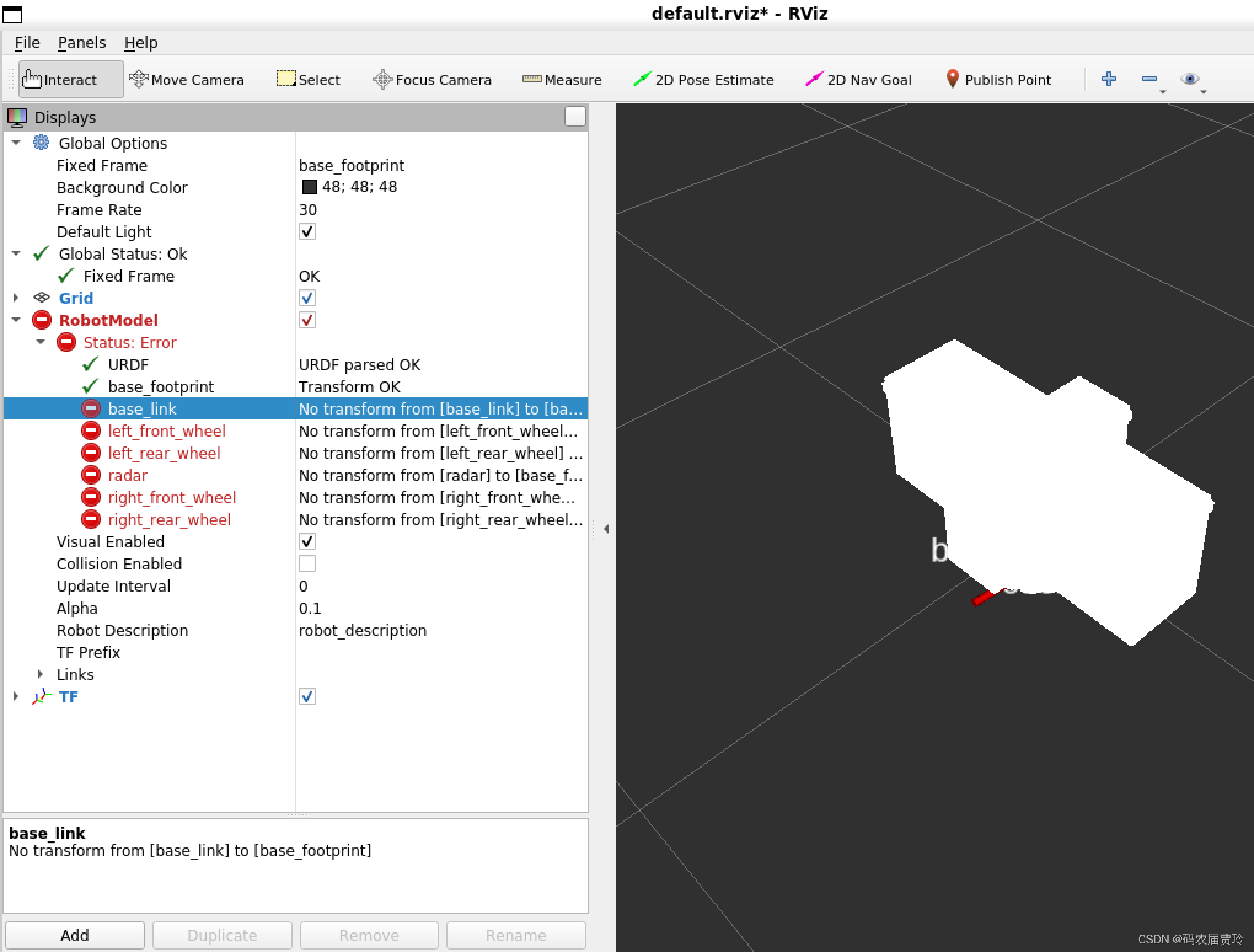 [ROS Unsolved]启动gazebo后，在rviz中添加机器人模型显示No transform from [base_link] to [base_footprint]_rviz ...