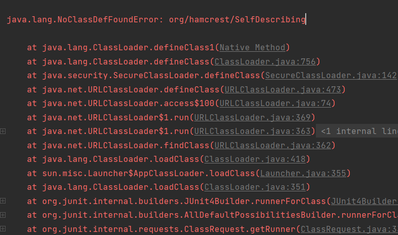 Junit4.12报错：java.lang.NoClassDefFoundError: org/hamcrest/SelfDescribing_juint-4.12 hamcrest-core ...