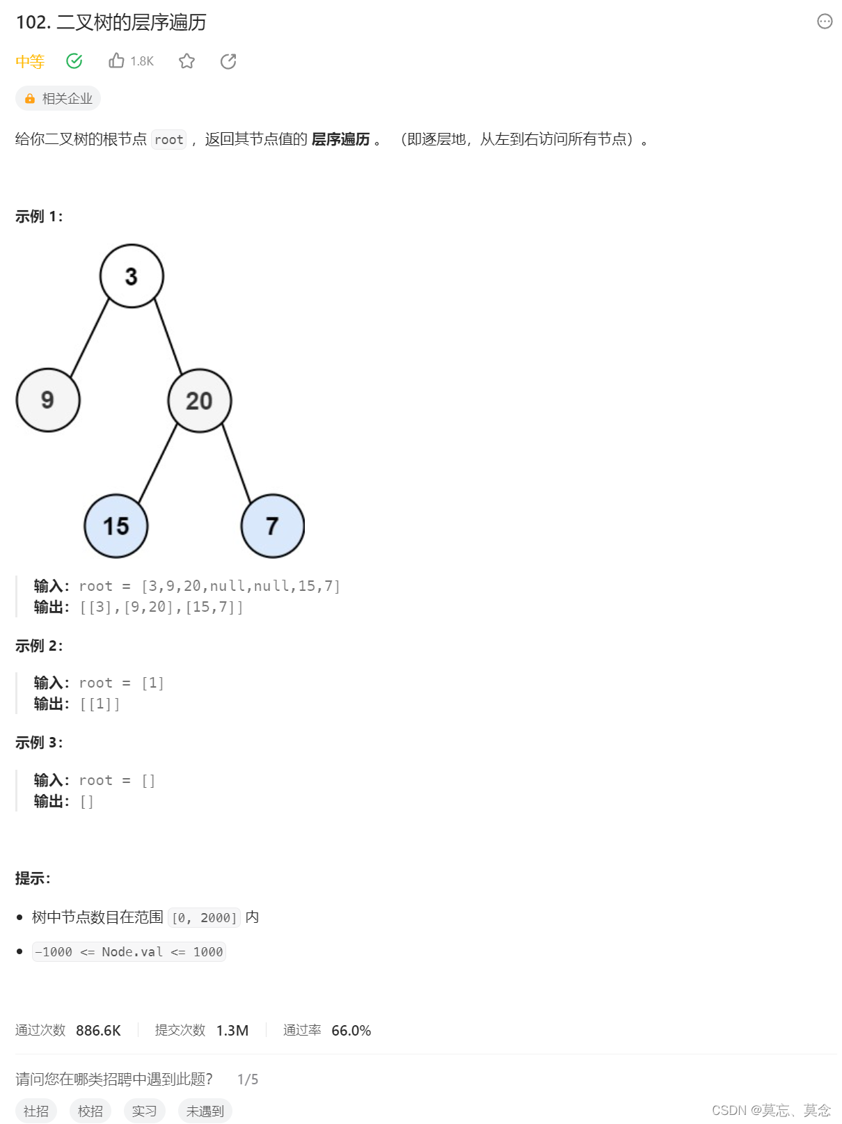 二叉树层序遍历算法及leetcode实现 Csdn博客