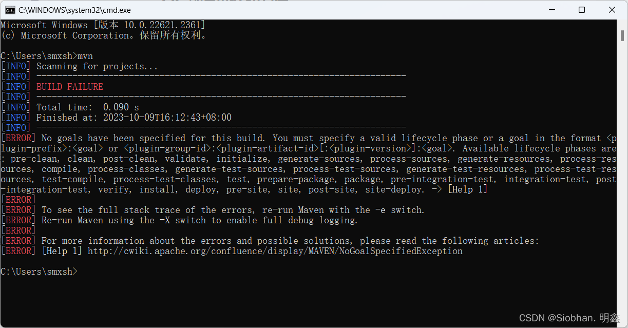 Maven启动报错 - No goals have been specified for this build.You must specify a valid lifecycle phase ...