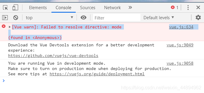vue.js:634 [Vue warn]: Failed to resolve directive: mode_failed to ...