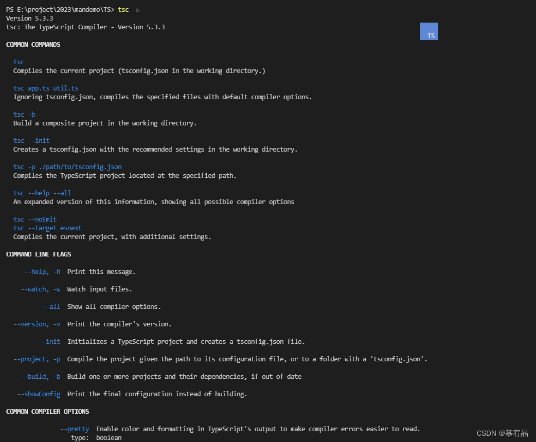 ts 文件运行tsc -w显示You can learn about all of the compiler options at https://aka.ms/tsc_执行 tsc -w 的 ...