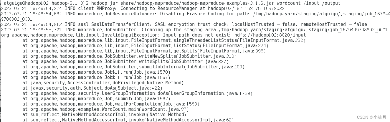 【问题】hadoop jar wordcount时报INFO client.RMProxy: Connecting to ResourceManager at hadoop103/192 ...