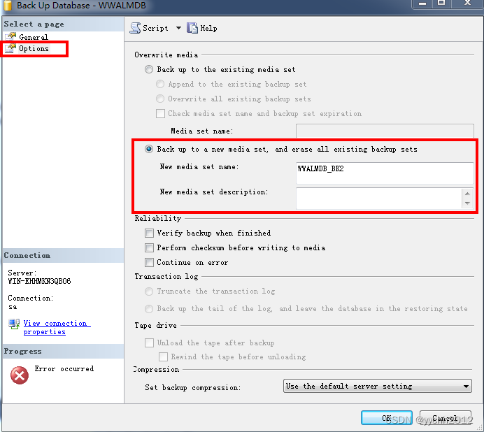 【SQL Server】System.Data.SqlClient.SqlError: The media loaded on “×××“ is formatted to support 2 ...