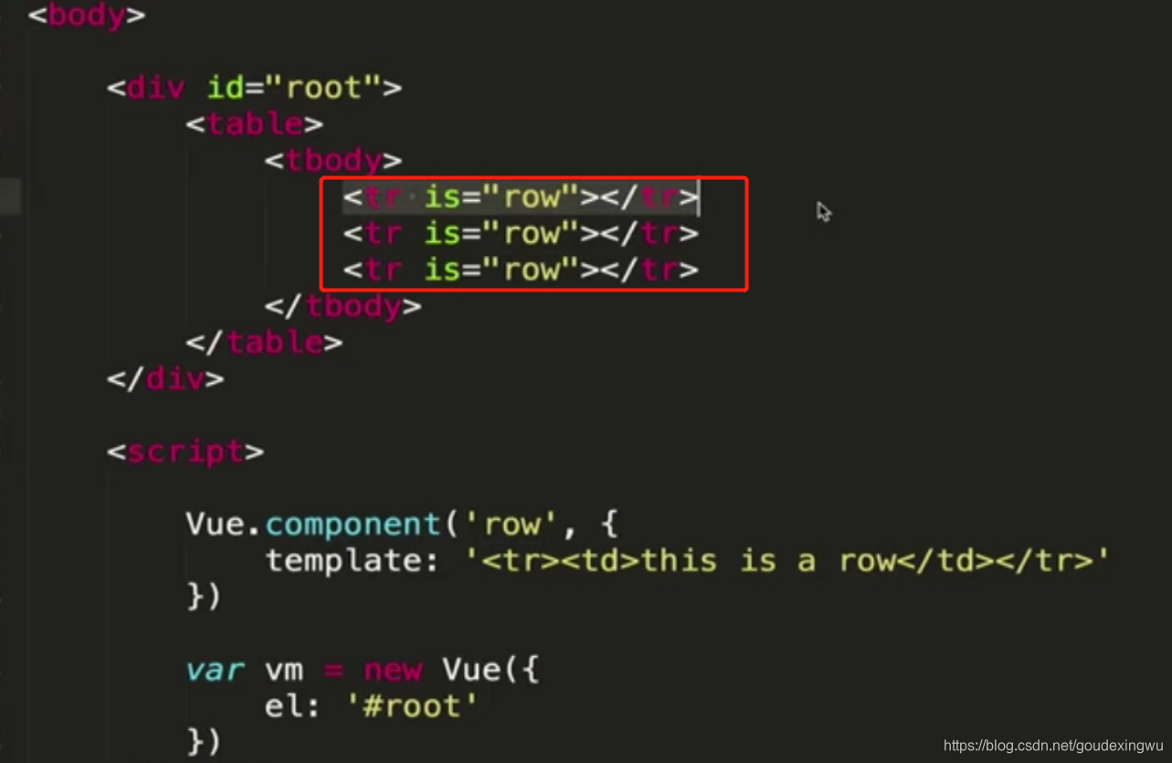 H5的规范里面table里面有tbody .tbody里面要有tr. 所以可以用标签的 is属性解决这个问题._如果tbody外单写了tr ...