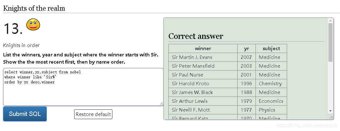 sqlzoo SELECT from Nobel Tutorial练习答案-CSDN博客