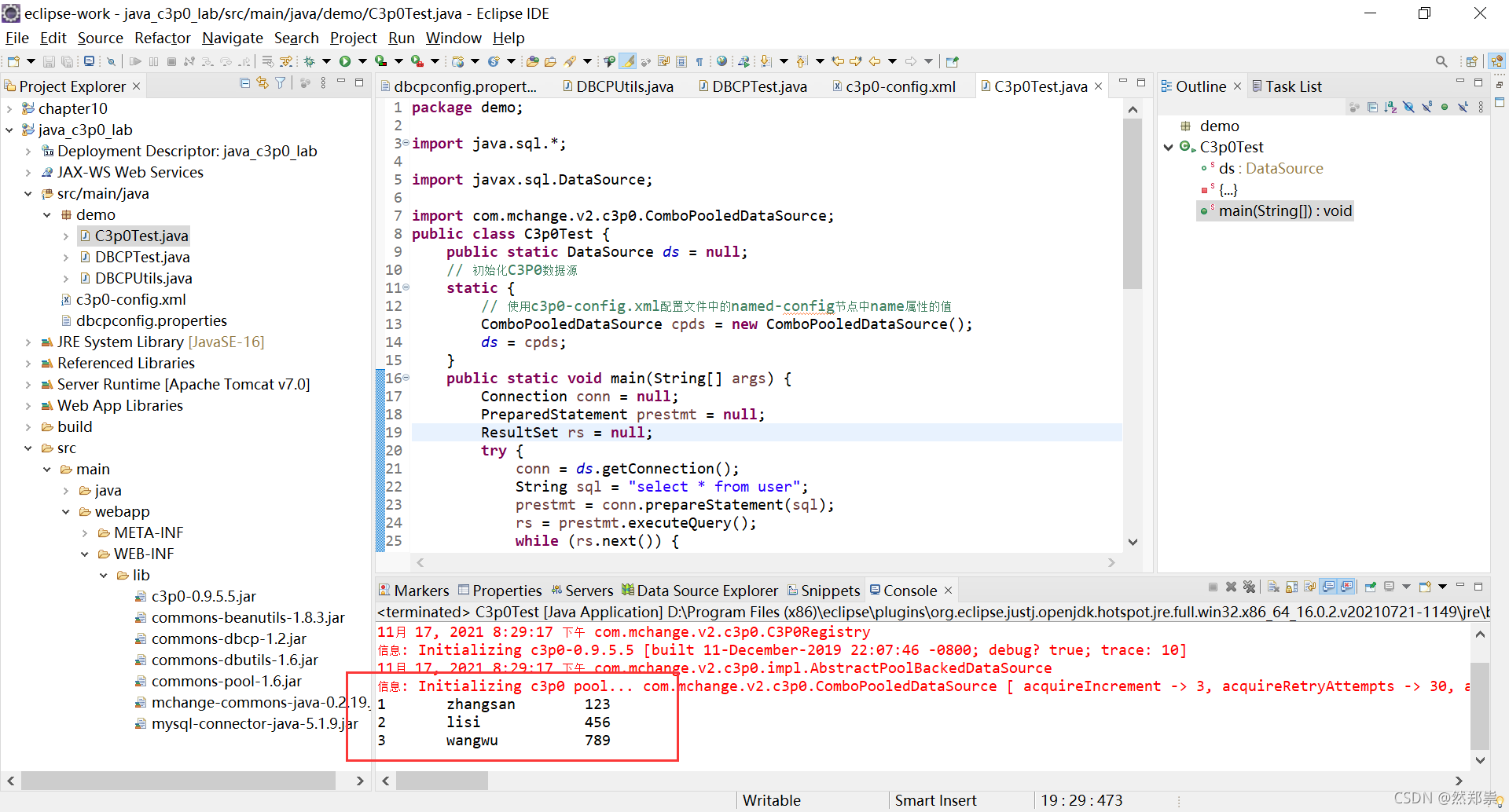 eclipse和idea的DBCP的使用和使用C3P0数据源查询数据_eclipse配置com.mchange.v2.c3p0和tomcat数据源-CSDN博客