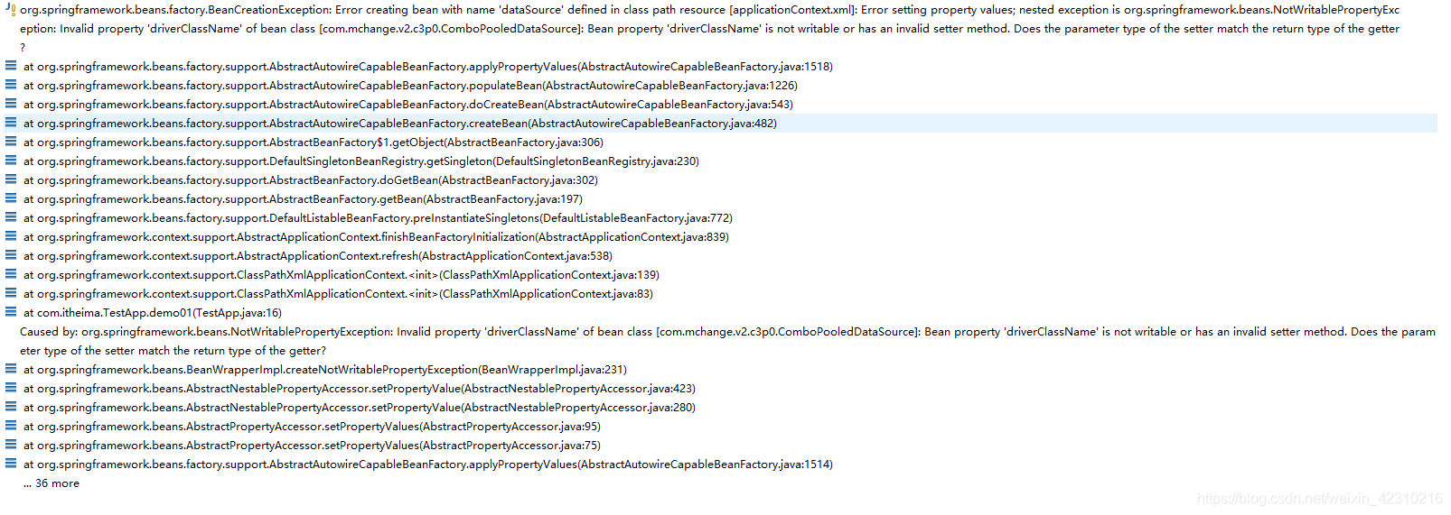 [com.mchange.v2.c3p0.ComboPooledDataSource]: Bean property 'driverClassName' is not writable or ...