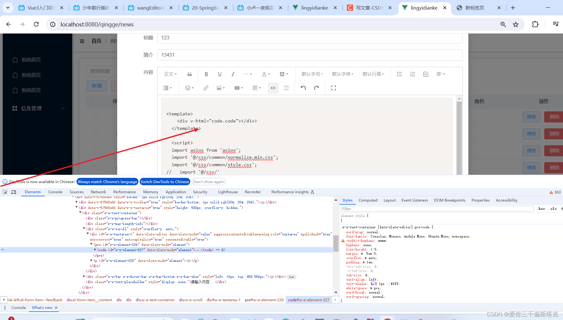 文本，wangEditor5展示HTML无样式，wangEditor5如何看源码，Ctrl + U看CSS文件，代码高亮，Prism.js可以实现，解决方法，参考网页源代码的写法 ...