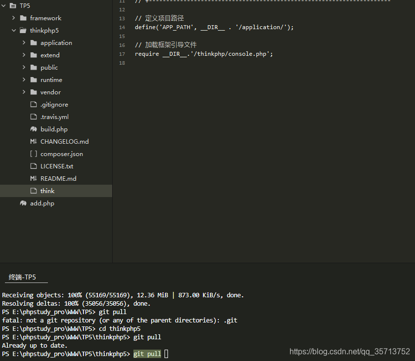 PHP TP5框架 安装运行 Warning: require(E:\phpstudy_pro\WWW\TP5\tp5\public/../thinkphp/base.php): failed ...