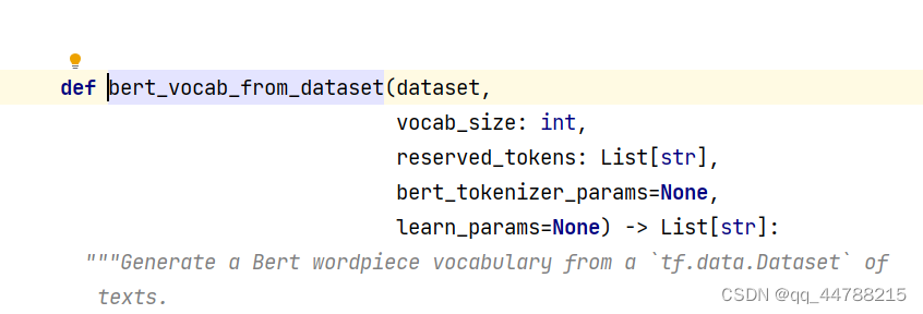 python函数的传参（bert_vocab_from_dataset)，函数括号里面含有**是什么意思？_bert vocab.py-CSDN博客
