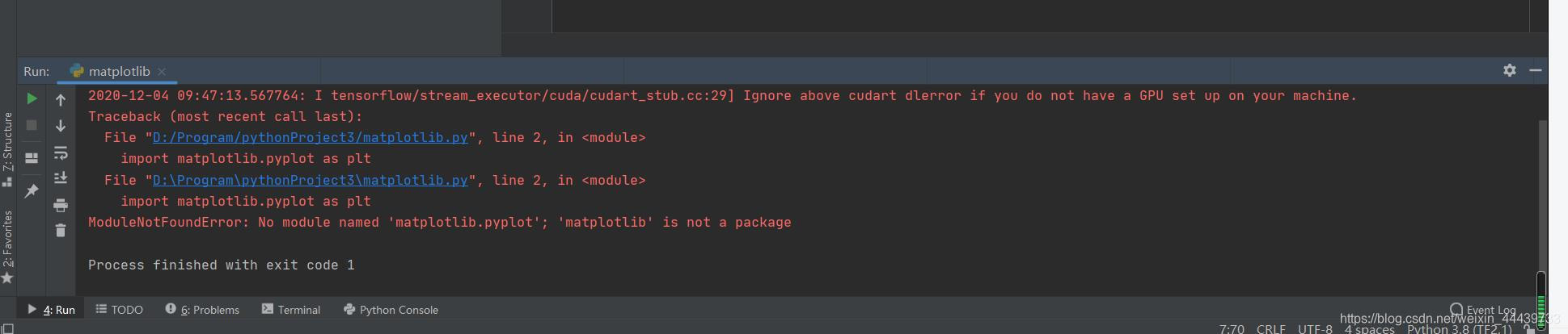 在使用matplotlib.pyplot,绘图的时候报错。_no module named 'matplotlib.pyplot ...