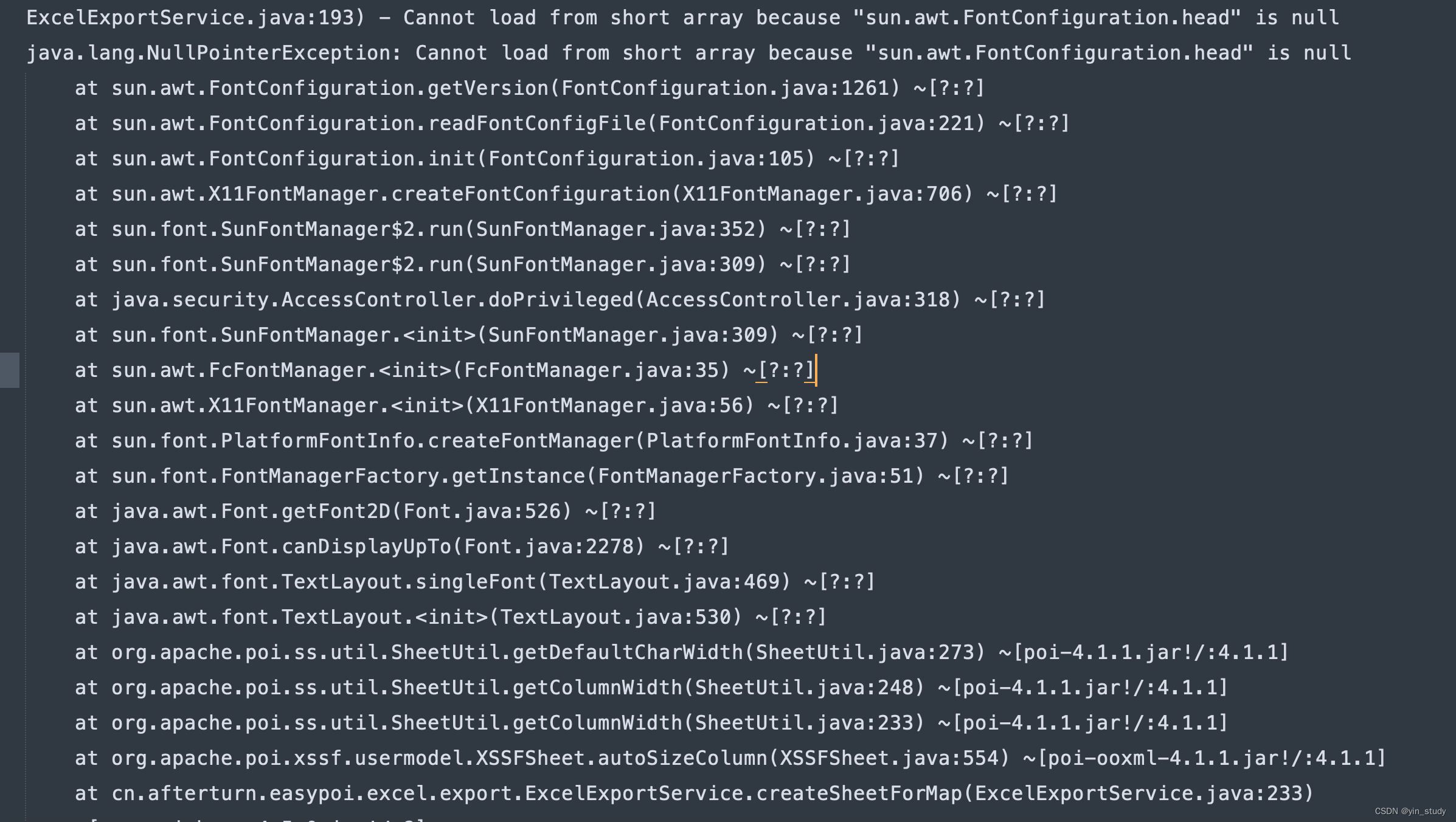 集成EasyPoi/Apache POIExcel导出异常Cannot load from short array because “sun.awt.FontConfiguration ...