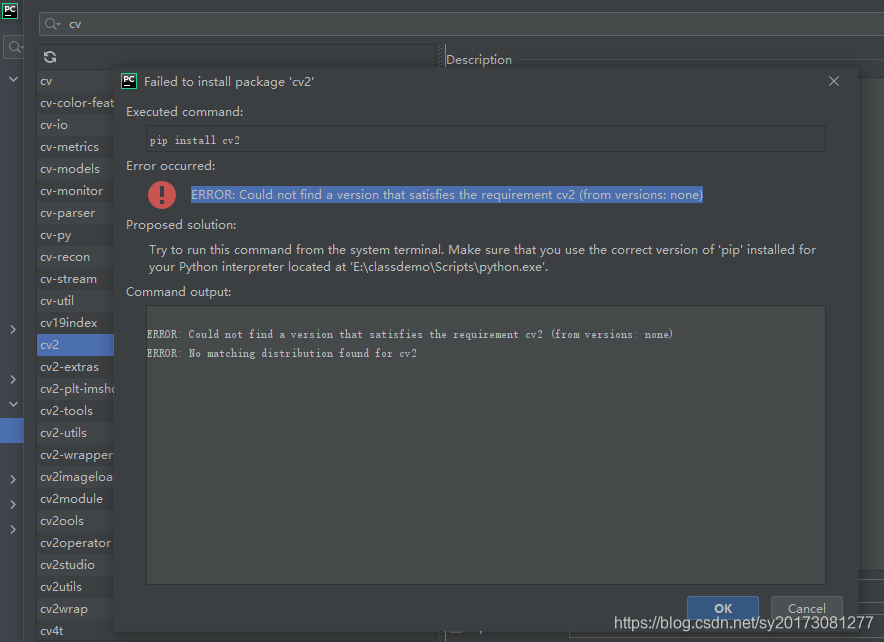 ERROR: Could not find a version that satisfies the requirement cv2 ...