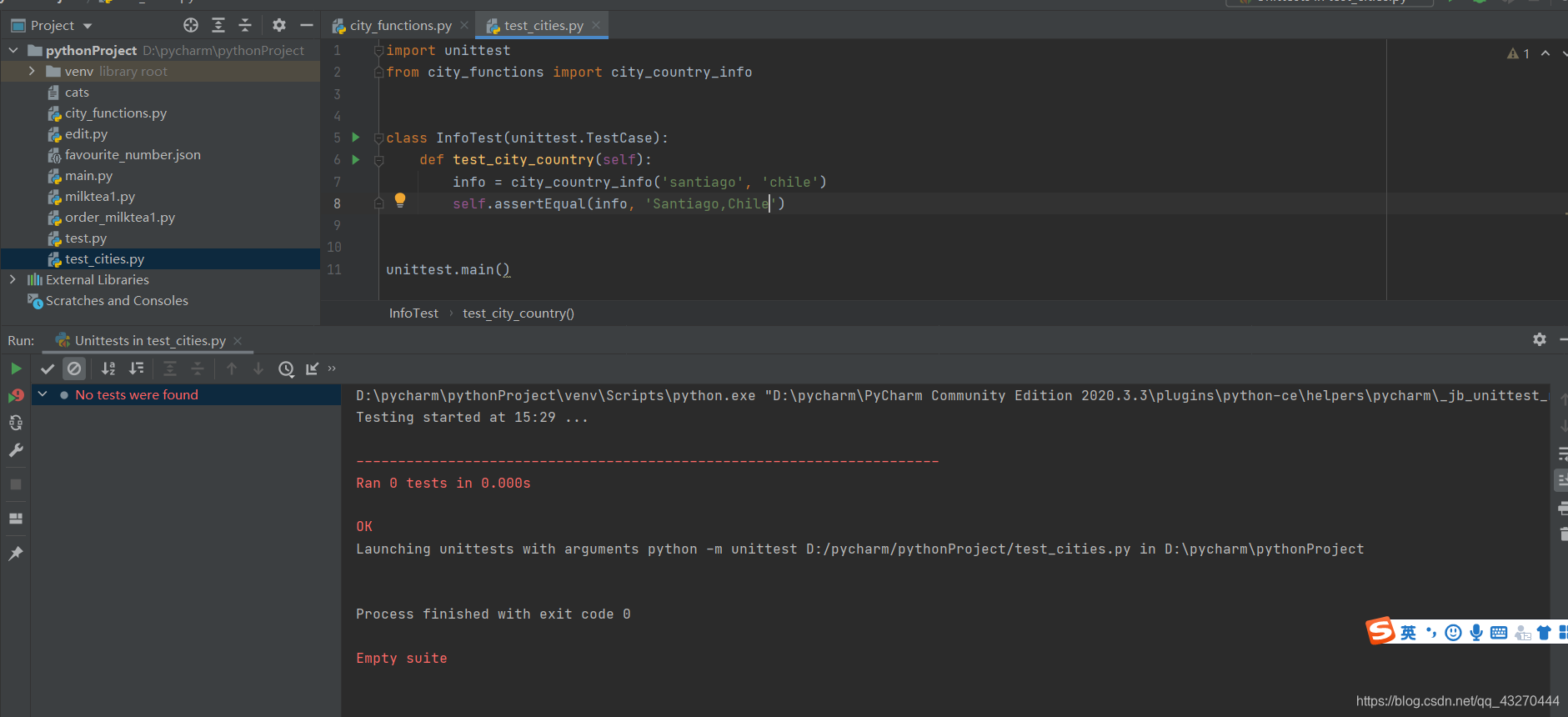 python学习笔记28（Pycharm使用unittest运行结果出现Launching unittests with arguments ...
