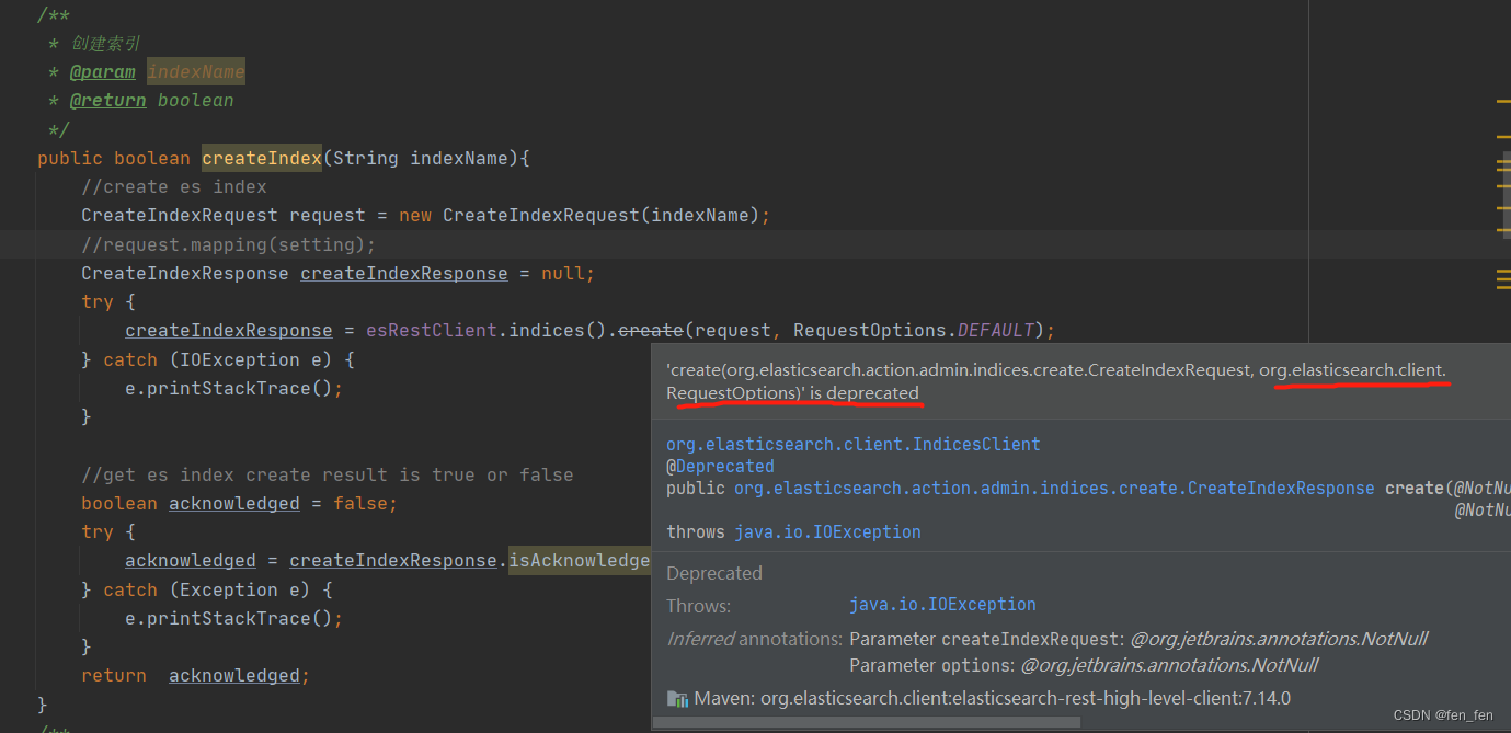 Java(102)：ES7.14,RestHighLevelClient创建索引时报错 create is deprecated_org.elasticsearch.client ...