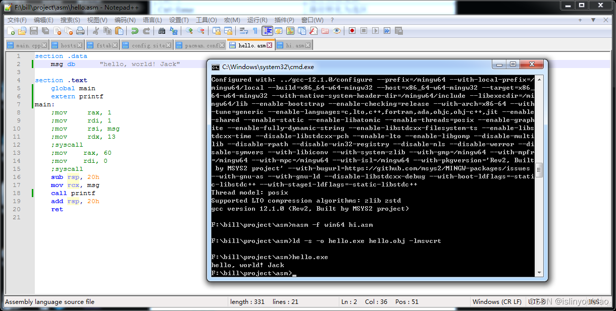 gcc nasm ld windows x64汇编语言hello world_nasm生成windows x64位应用-CSDN博客