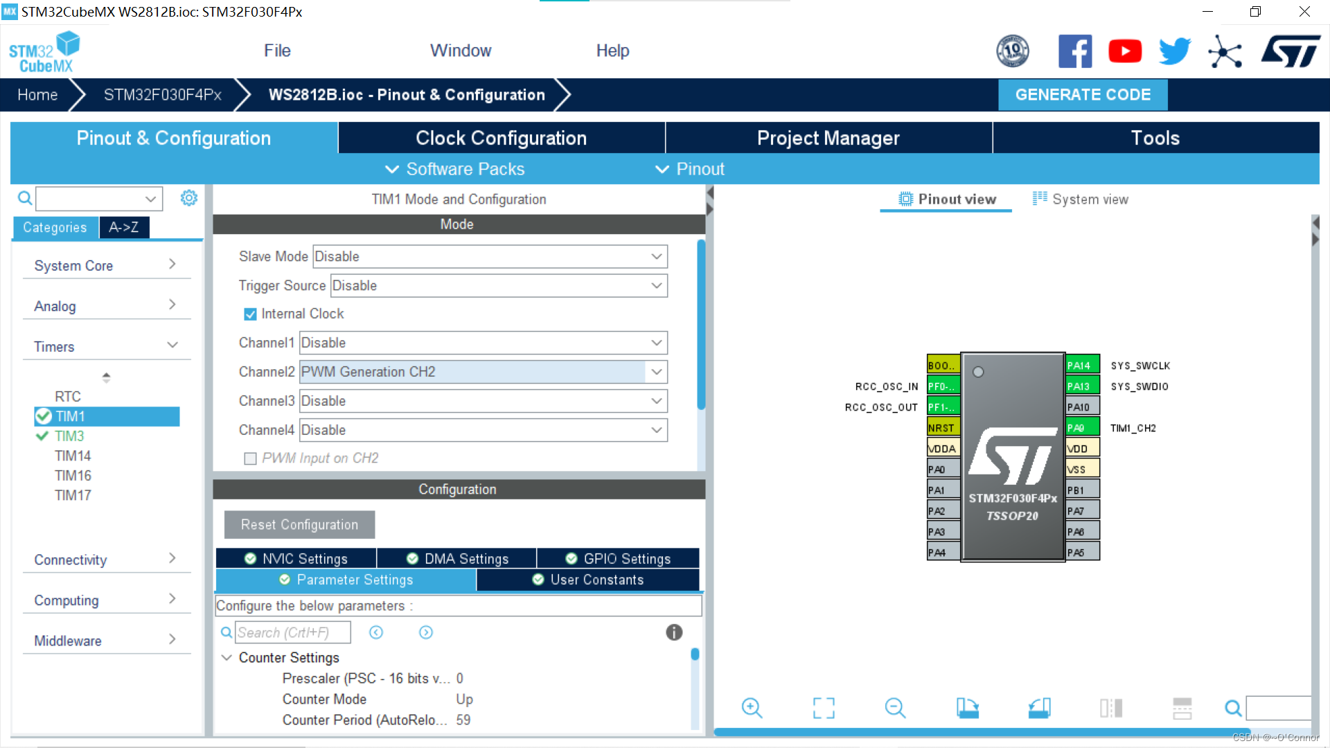 STM32 HAL库 PWM+DMA 驱动WS2812B彩灯(STM32F030F4P6)_stm32 dma pwm-CSDN博客