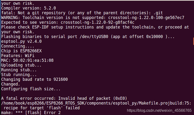 ESP8266_RTOS_SDK下载程序make flash的时报错_a fatal error occurred: invalid head of packet (0x-CSDN博客