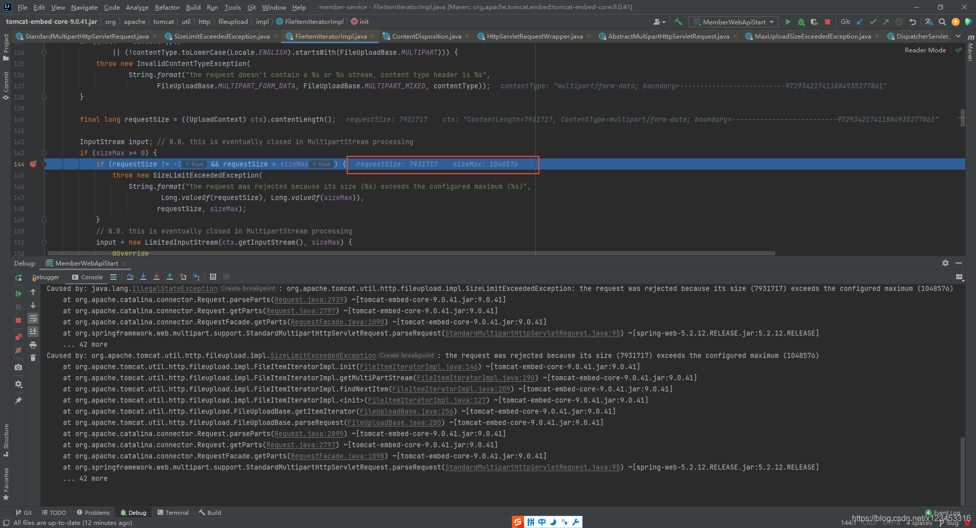 解决报错：the request was rejected because its size (7931717) exceeds the configured maximum (1048576 ...