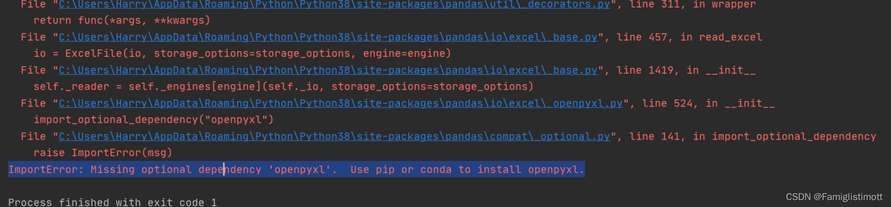 ImportError: Missing optional dependency ‘openpyxl‘._importerror: missing optional dependency ...