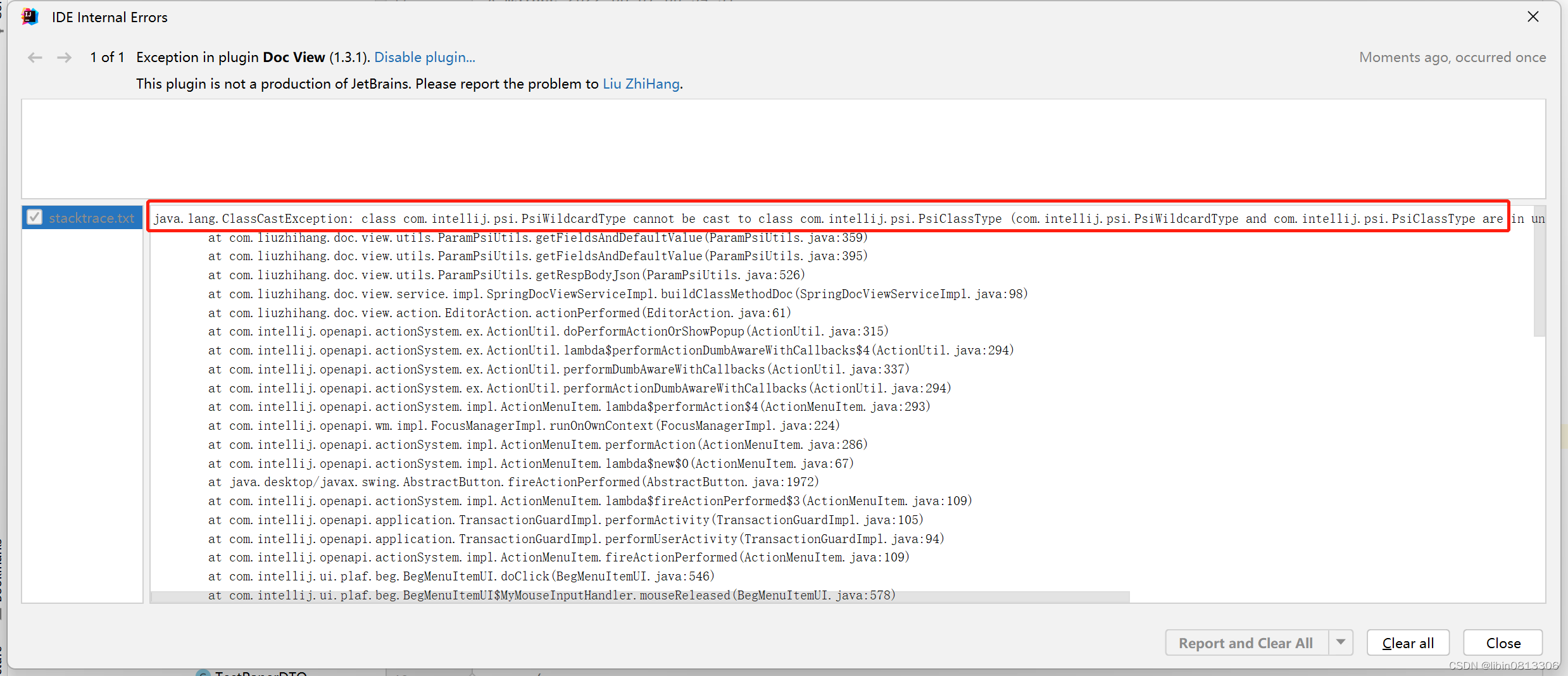 idea插件Doc View导出接口文档时报java.lang.ClassCastException: class com.intellij.psi.PsiWildcardType ...