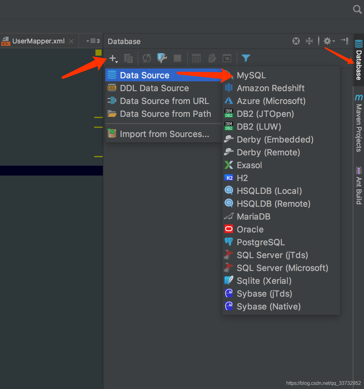 使用IDEA做项目时mapper.xml中的sql语句问题提示：No data sources are configured to run this SQL and provide ...