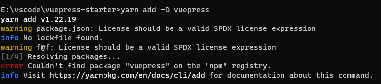 【VuePress】yarn add -D vuepress 出现 error Couldn‘t find package “vuepress“ on the “npm“ registry ...