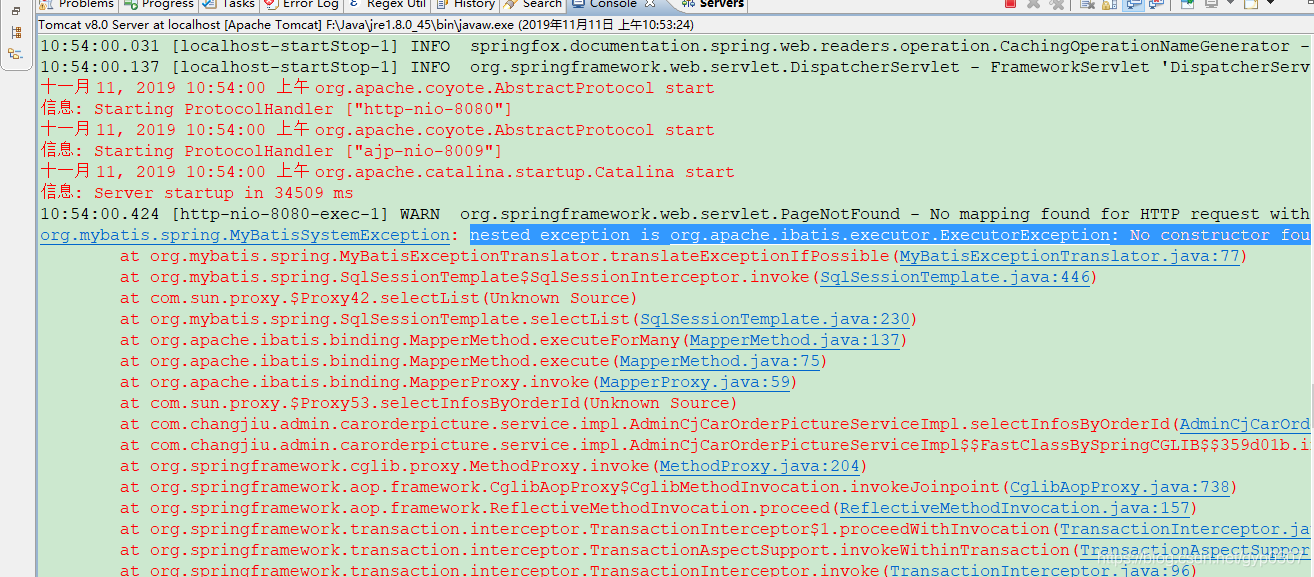 nested exception is org.apache.ibatis.executor.ExecutorException: No constructor found in *** 错误 ...