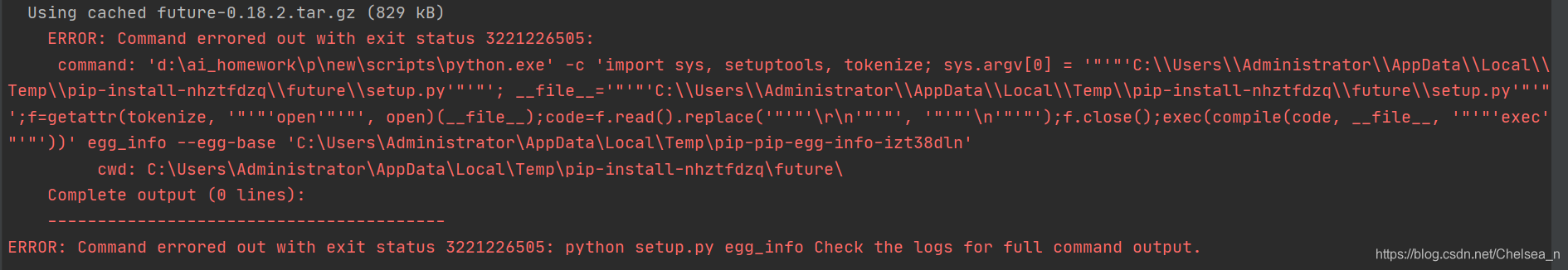 ERROR: Command errored out with exit status 3221226505: python setup.py egg_info Check the logs ...
