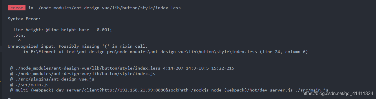 ant-desigin-vue按需导入报错in ./node_modules/ant-design-vue/lib/button/style/index.less-CSDN博客