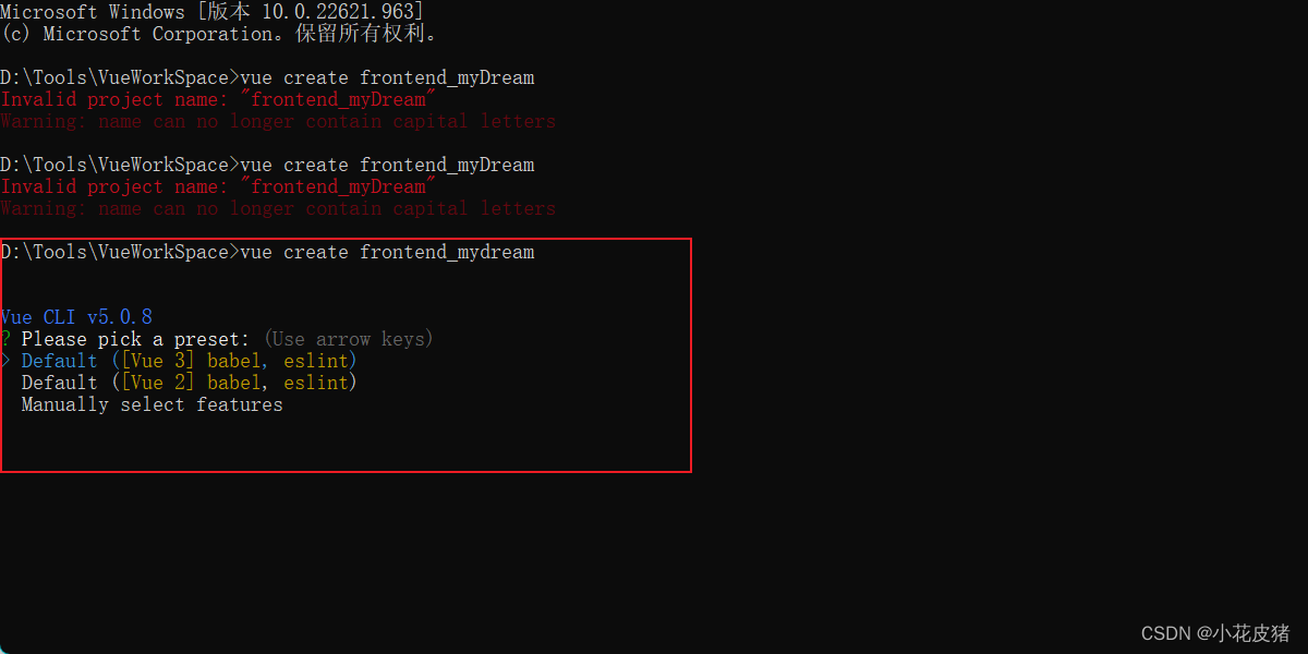 解决使用VueCli创建Vue项目报错:Warning: name can no longer contain capital letters_project folder name ...