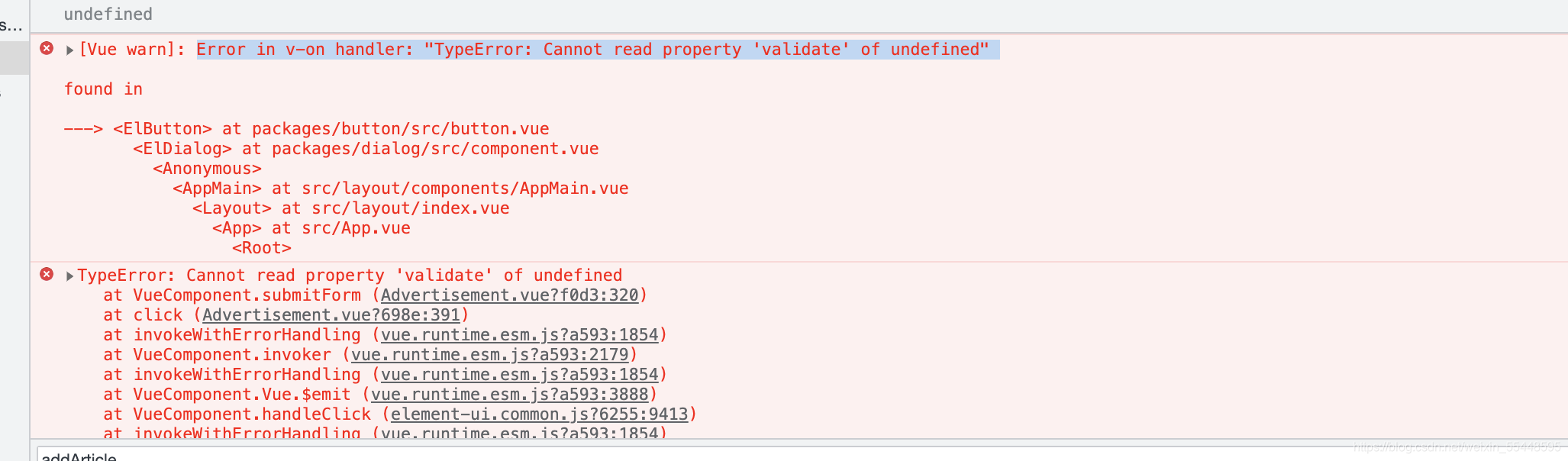 Error in v-on handler: “TypeError: Cannot read property ‘validate‘ of undefined“_typeerror ...
