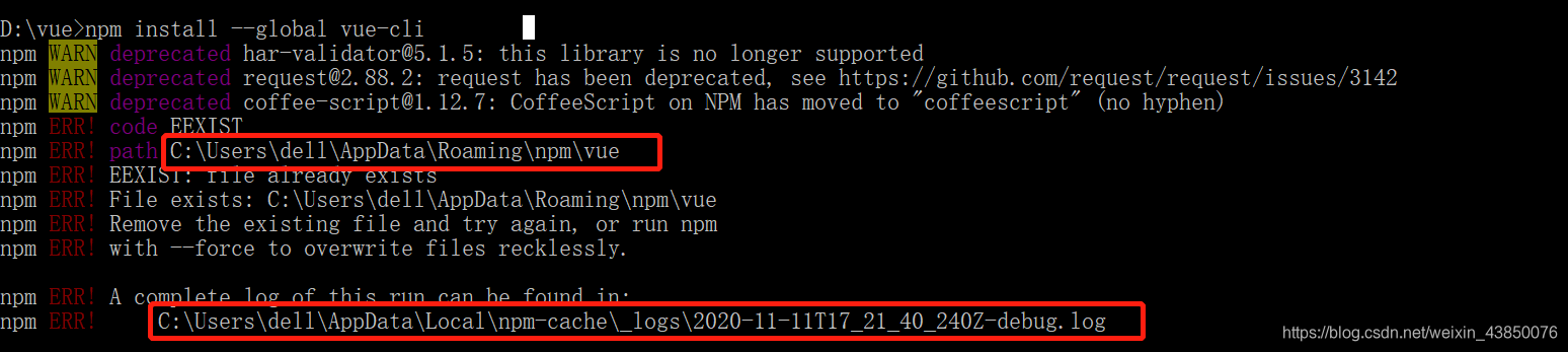 Vue npm install失败报错errno -4058_npm i vue s失败-CSDN博客