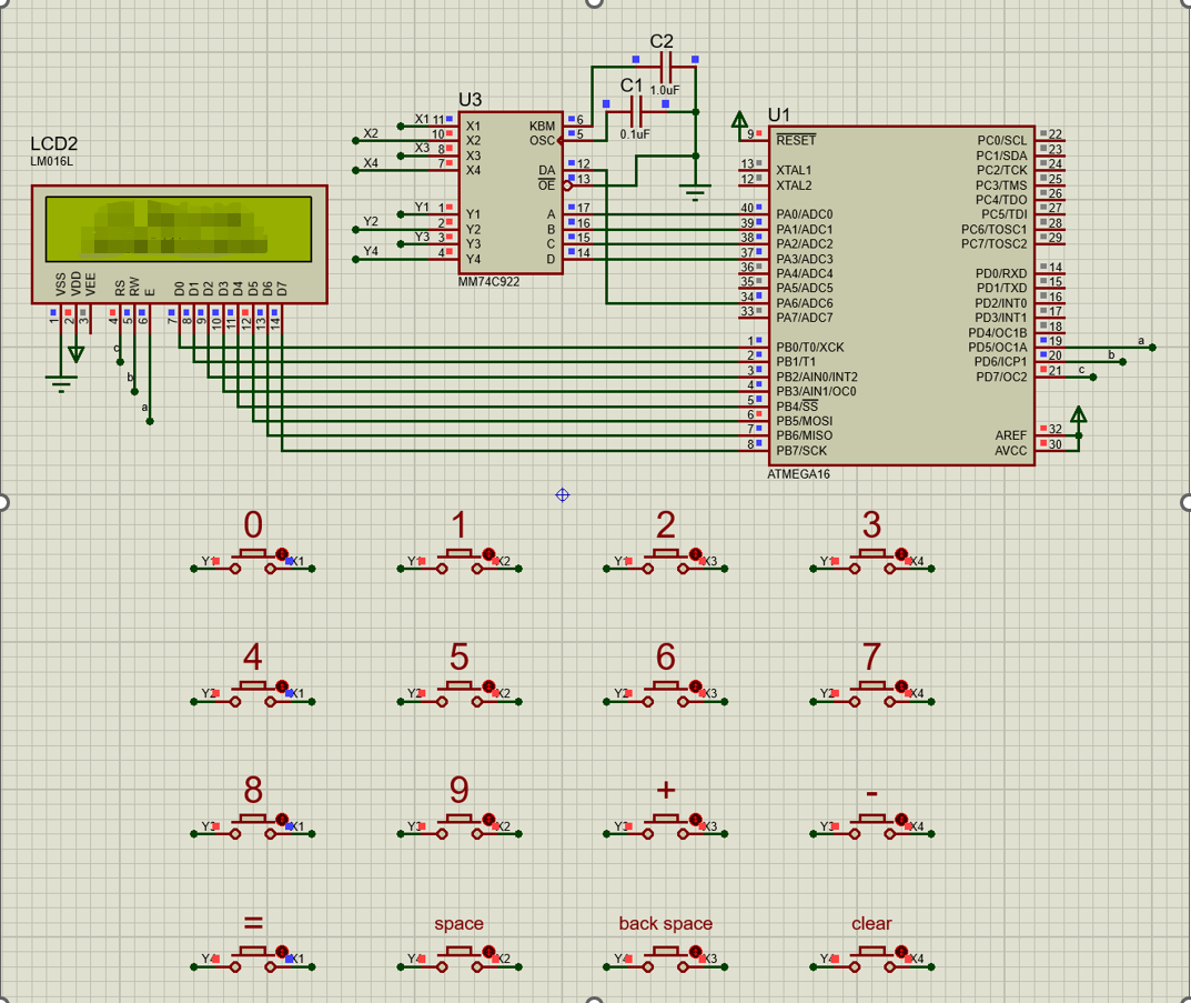 使用atmega16，lcd1602，mm74c922芯片，4x4矩阵键盘，实现加减计算器仿真使用44矩阵键盘作为输入在lcd1602 
