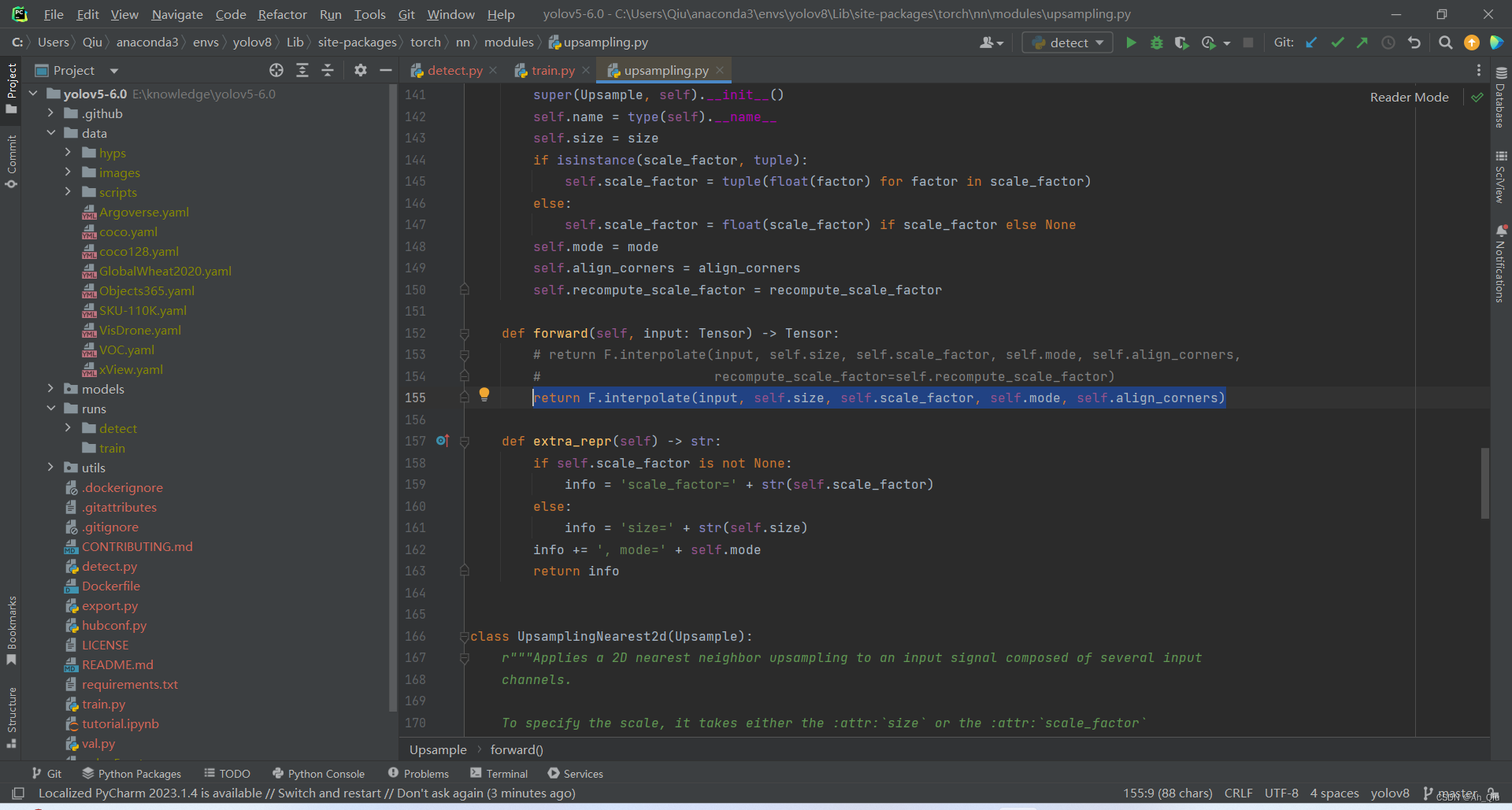 解决YOLOV5报错AttributeError: ‘Upsample‘ object has no attribute ‘recompute_scale_factor_amct yolov5 ...