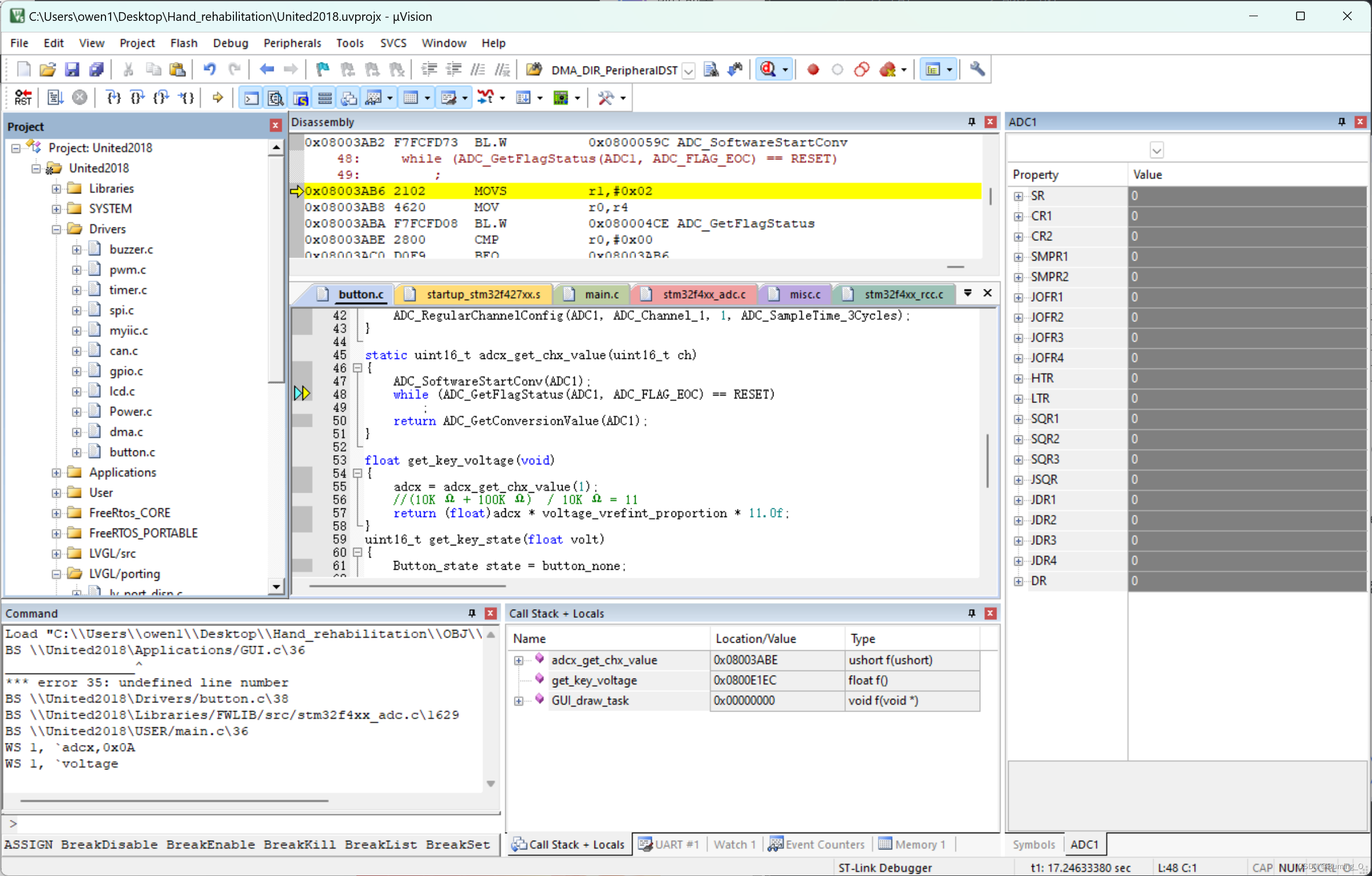 stm32 adc单通道测试 卡在 while (ADC_GetFlagStatus(ADC1,ADC_FLAG_EOC)==RESET)排错 ...