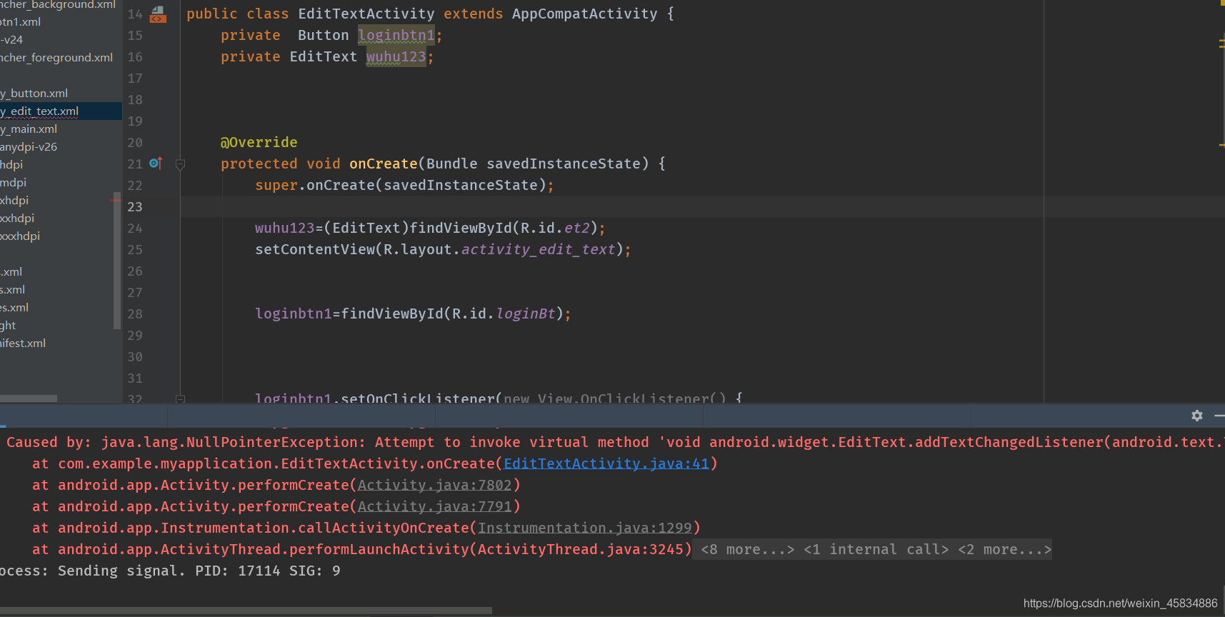 Android学习中遇到的问题：EditText 显示空指针以及显示类型错误_edit text报空指针异常-CSDN博客