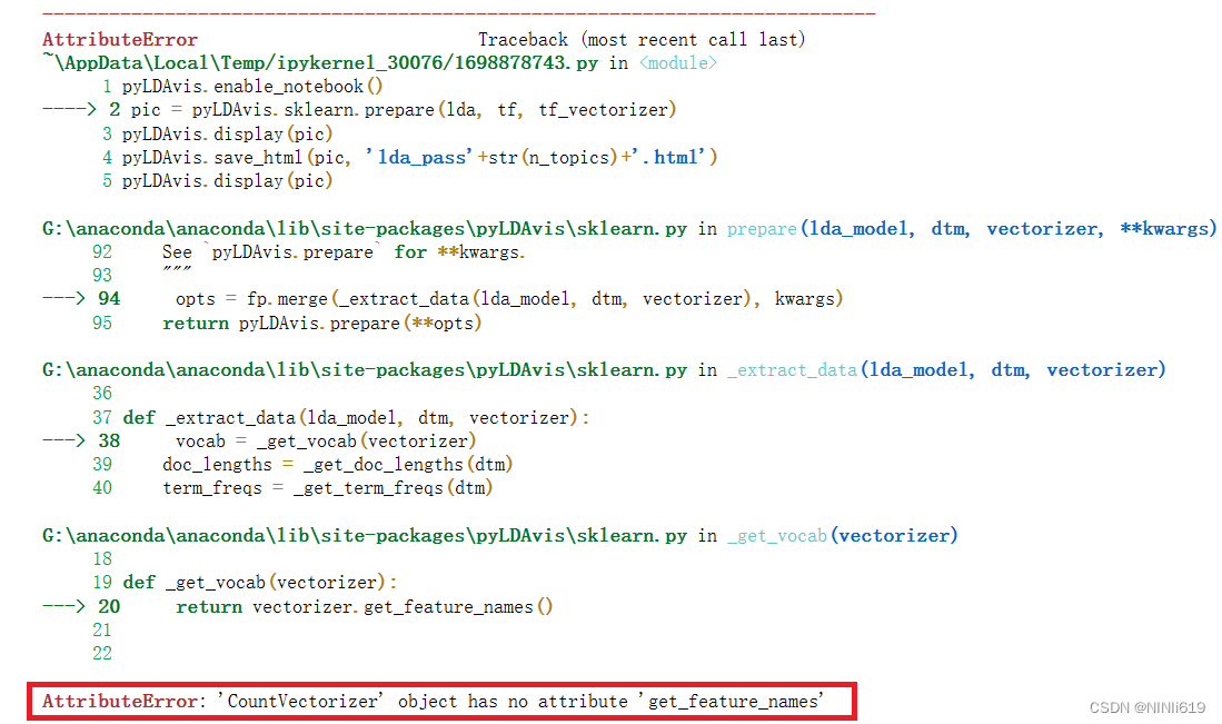 保姆式解决使用pyldavis对lda可视化报错问题:‘countvectorizer‘ Object Has No Attribute ‘getfeaturenames‘的问题csdneos 8669