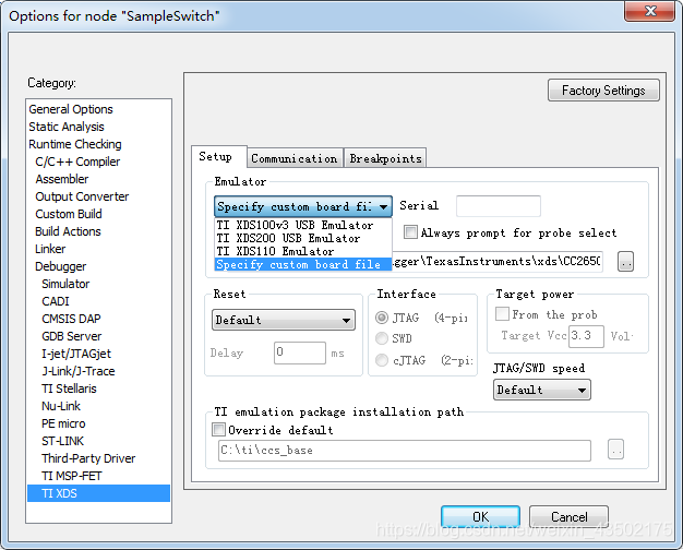 用IAR下载程序到CC2630时出现Fatal error: The path ‘C:\ti\ccs_base‘ to the Texas ...