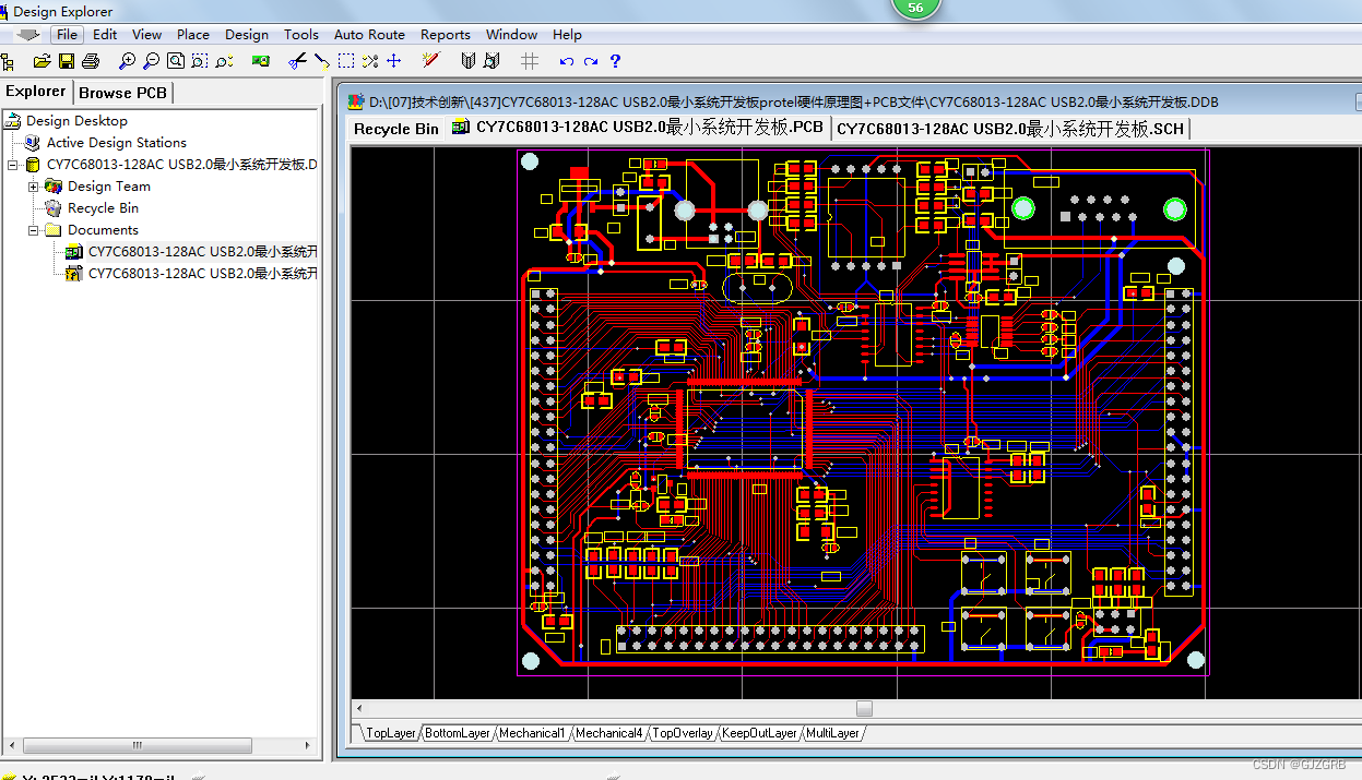 基于CY7C68013-128AC芯片的USB2.0最小系统核心开发板Protel99se设计（原理图+pcb）DDB工程文件_cy7c68013a usb核心板 csdn-CSDN博客